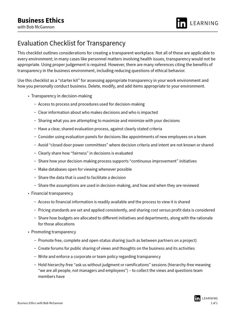 Evaluation Checklist For Transparency | PDF | Evaluation | Business Ethics