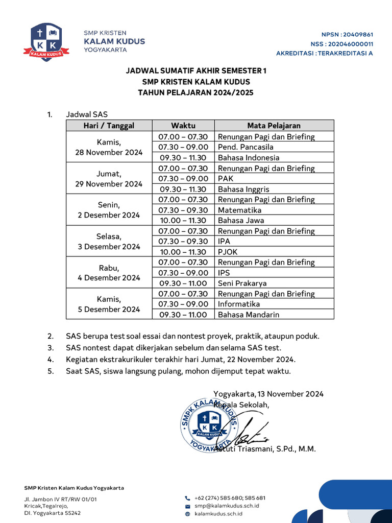 Jadwal Sumatif Akhir Semester 1 Siswa | PDF