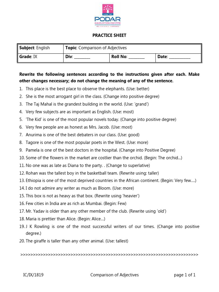 Grade 9 Adjective Comparisons | PDF