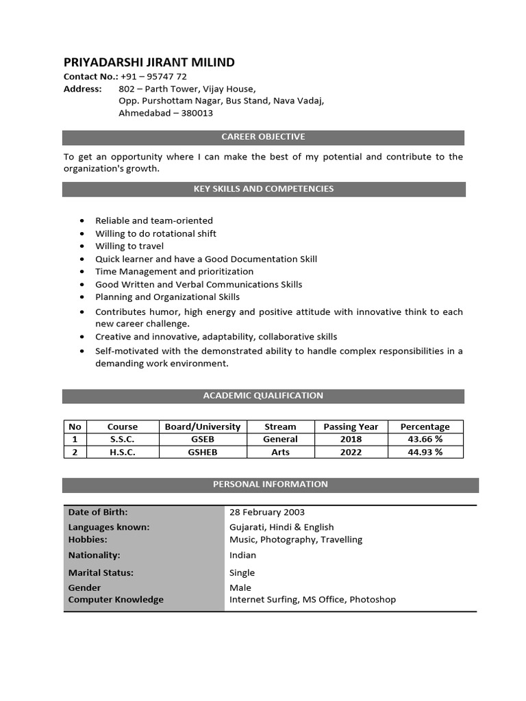 Basic Resume Sample Template For Beginner | PDF