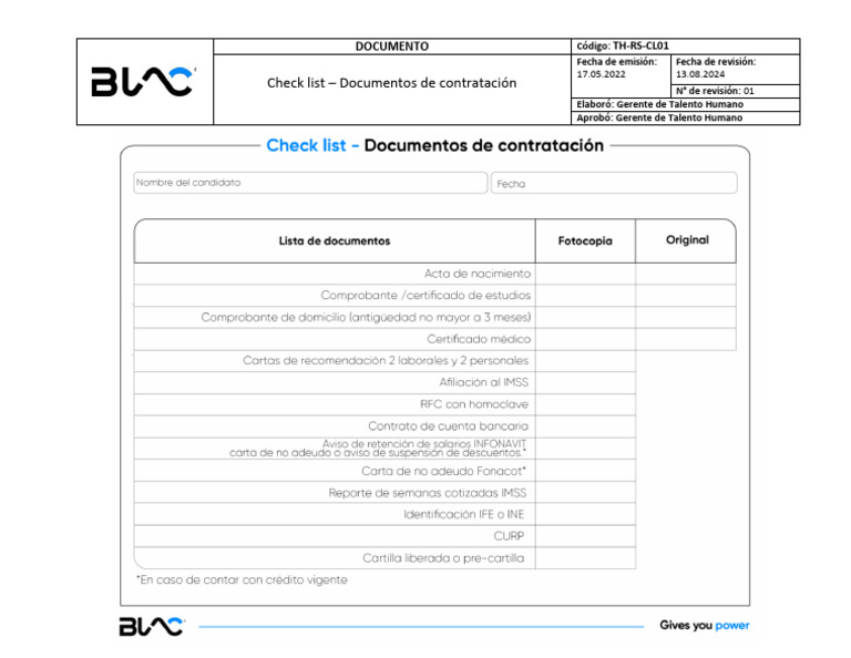 TH-RS-CL01 - Check list documentos de contratación - v2025 | PDF