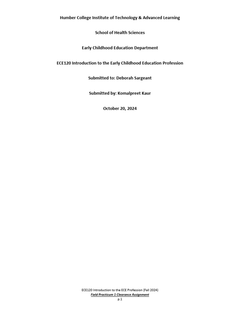 1 - ECE120 Assignment - Field Practicum 1 Clearance DESCRIPTION & RUBRIC (F24) | PDF | Vaccines