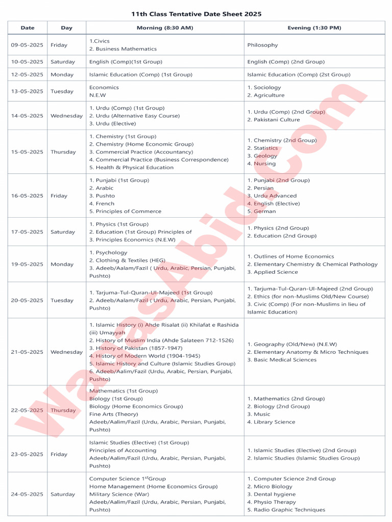 11th Class Tentative Date Sheet 2025 | PDF