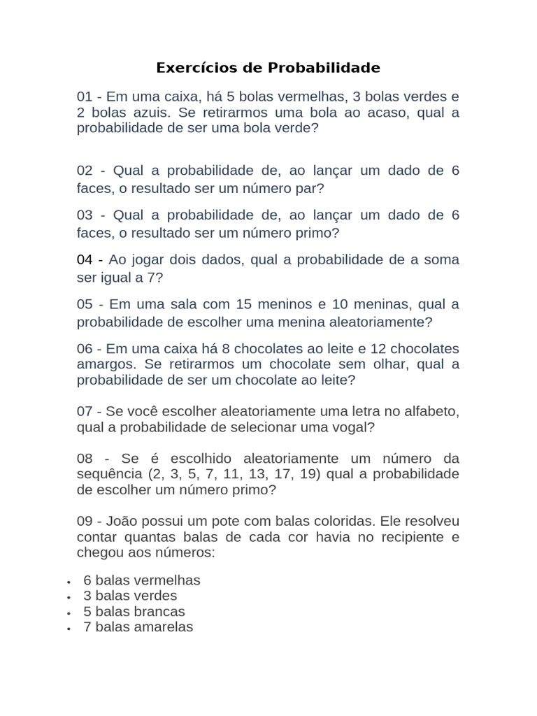 Probabilidades em Exercícios Diversos | PDF