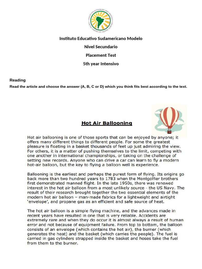 Placement Test for 5th Year Students | PDF