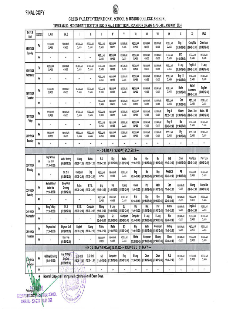 Timetable-Second Ut For Lkg-Ix & 1st Trial Exam For Grade X-puc-II | PDF