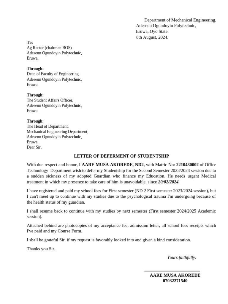 Letter of Deferment of Studentship | PDF