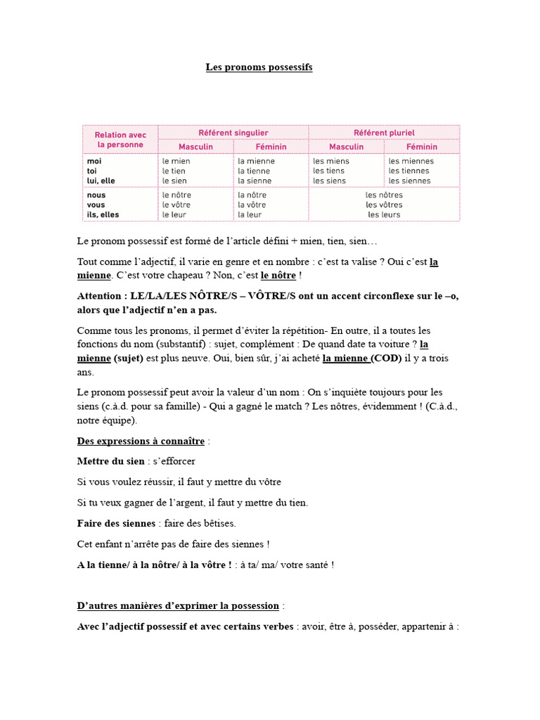 Pronoms possessifs et démonstratifs | PDF | Pronom | Morphologie ...