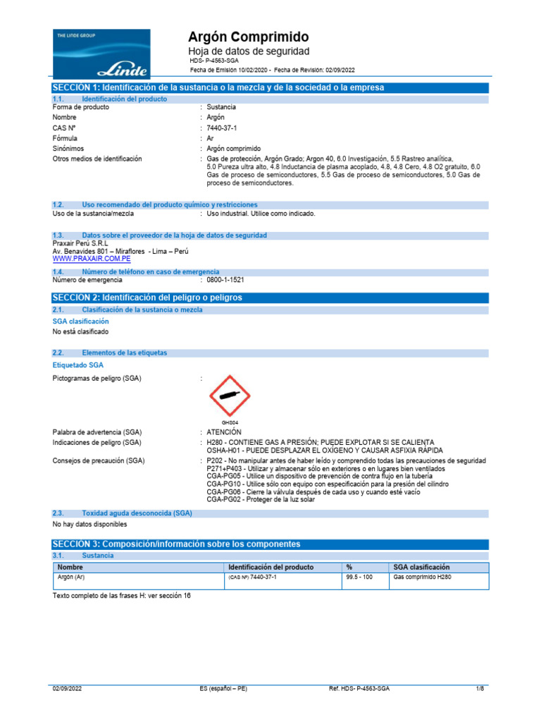 S5011500011-Msds-Gas Argon 5.0 | PDF | Argón | Soldadura