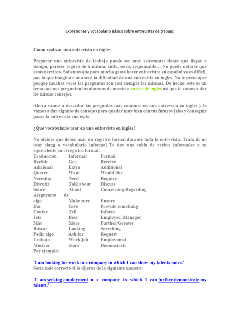 Vocabulario Clave para Entrevistas en Inglés | PDF | Interpretación ...