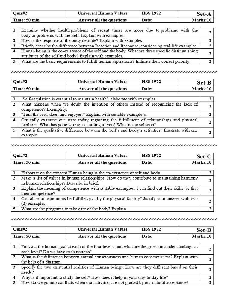 Important Questions UHV 3 | PDF | Psychology | Behavioural Sciences