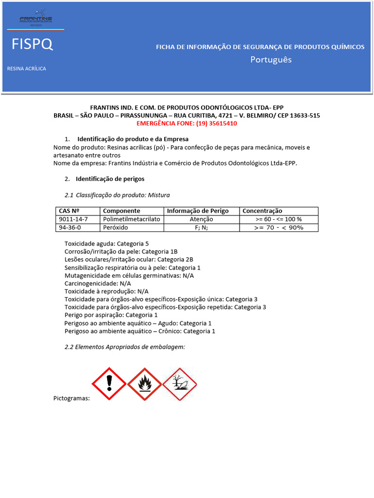 FISPQ: Resina Acrílica e Segurança | PDF | Metabolismo