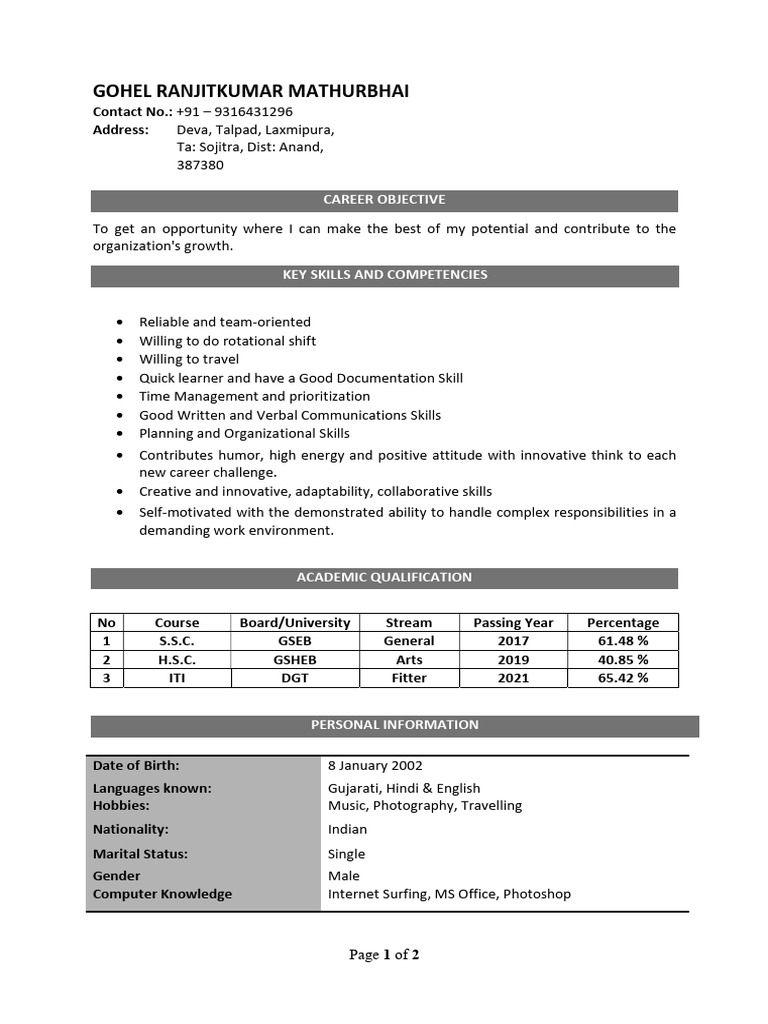 Indian Resume Format for Freshers | PDF