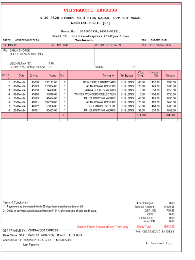 Bill 1240 Babla S Shopee | PDF