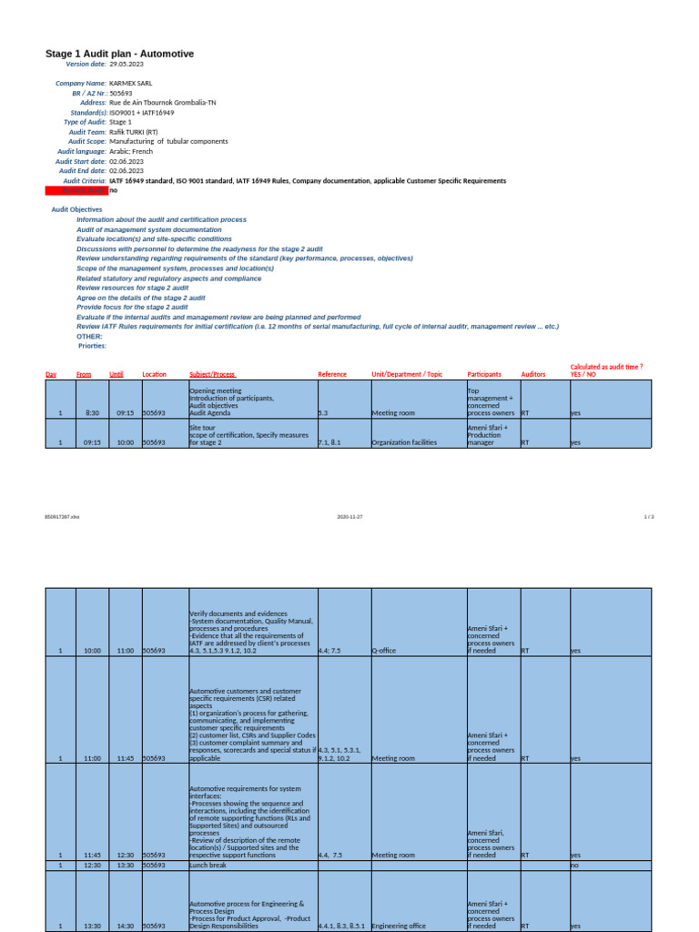 Stage 1 Audit Plan for Automotive ISO 9001 | PDF | Audit | Internal Audit