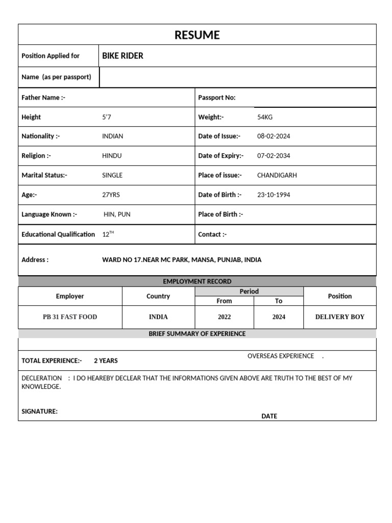 Resume: Bike Rider | PDF