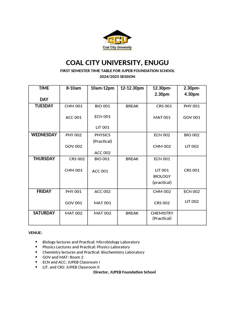 Jupeb First Semester Lecture Timetable 20242025-3 | PDF