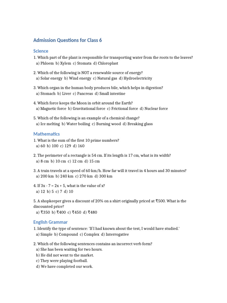 Class 6 Questions | PDF