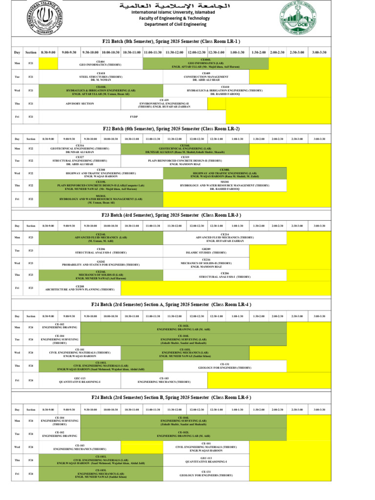 Timetable Spring 2025 | PDF | Engineering | Civil Engineering