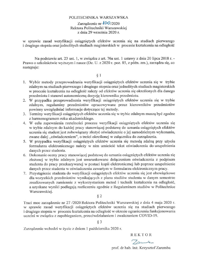 Zarządzenie NR 100 Rektora PW | PDF
