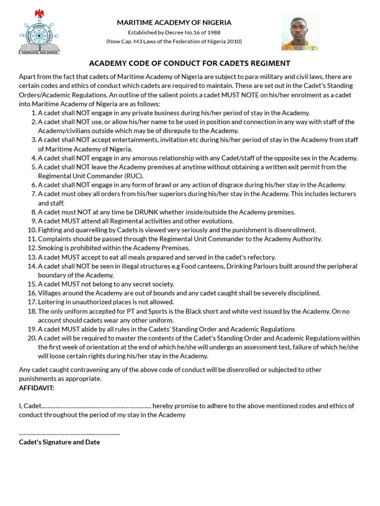 CODE OF CONDUCT - MAN Admission Portal Samuel 3 | PDF | Cadet | Justice