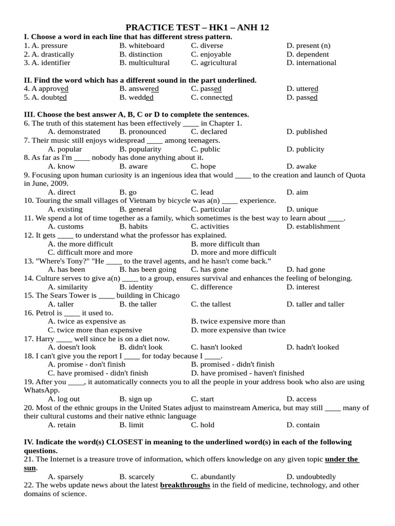 HK1 English Practice Test for Grade 12 | PDF | World Wide Web ...
