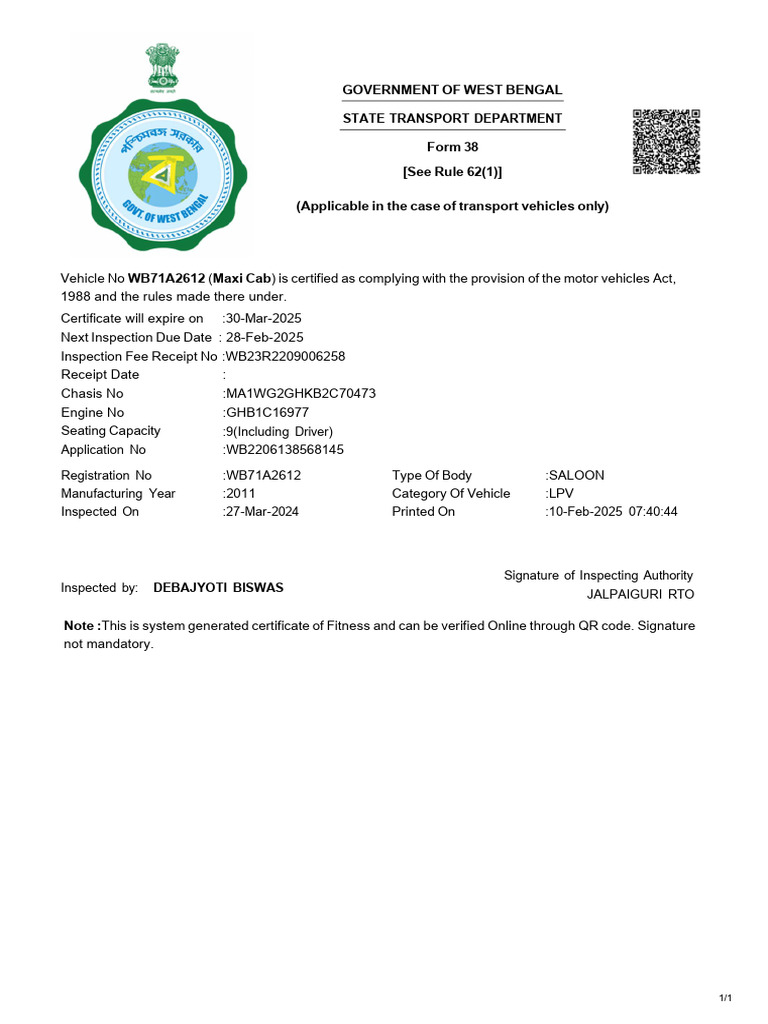 Maxi Cab LPV Fitness Certificate | PDF