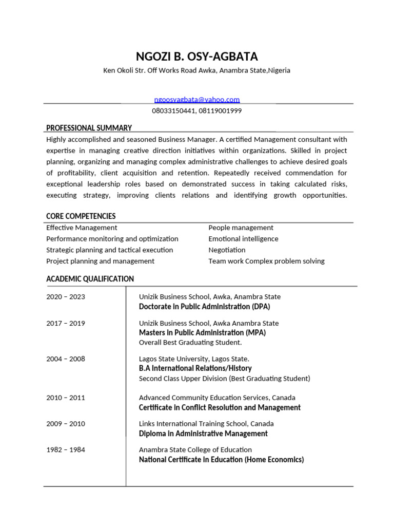 Mrs Ngozi Osy-Agbata - RESUME | PDF | Business