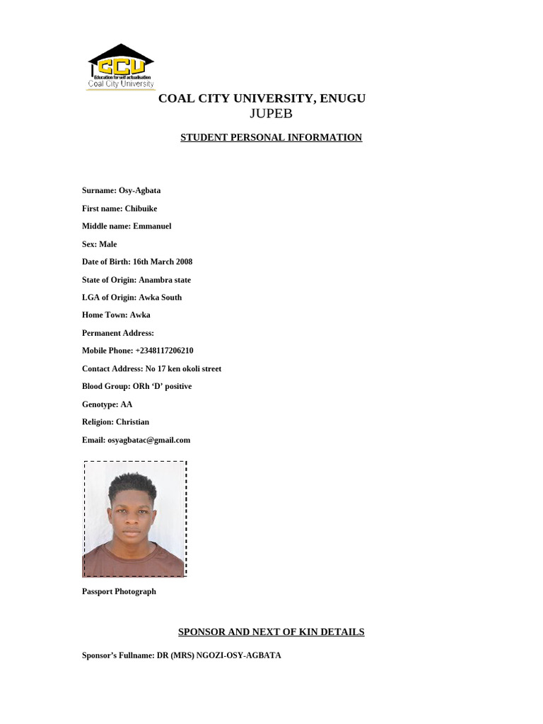 Jupeb Student Personal Information | PDF