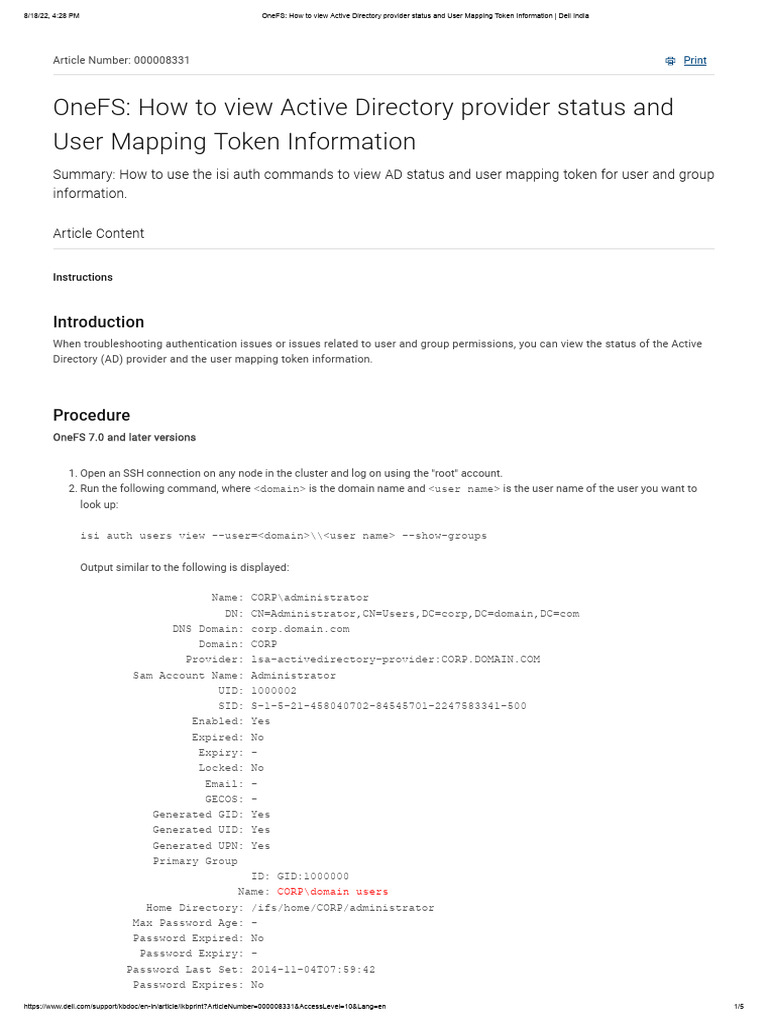 OneFS - How To View Active Directory Provider Status and User Mapping Token Information - Dell ...