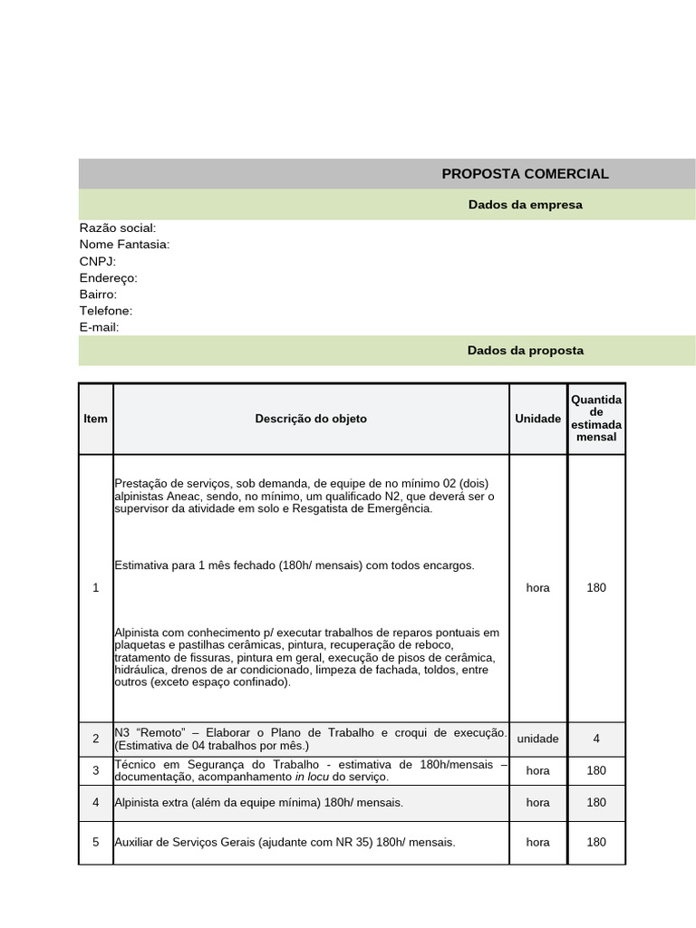 MODELO PLANILHA PROPOSTA | PDF