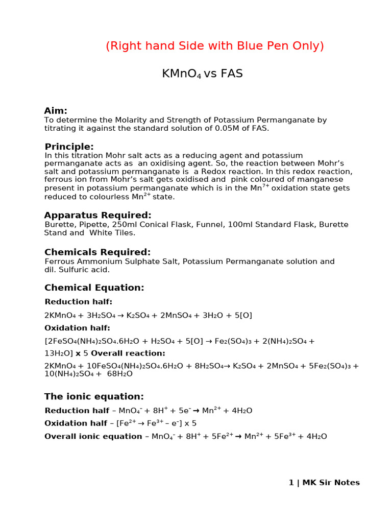 1-Volumetric Procedure (KMnO4 vs FAS) | PDF | Titration | Chemistry