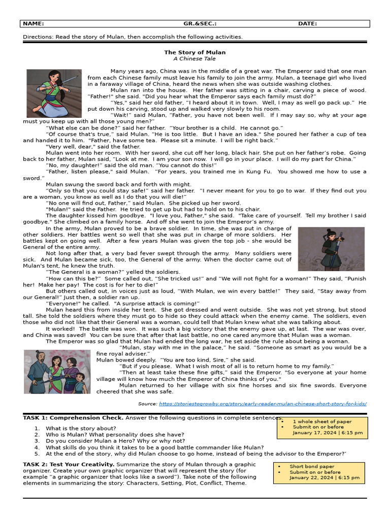 Mulan Story Activities and Analects Tasks | PDF | Analects | Confucius