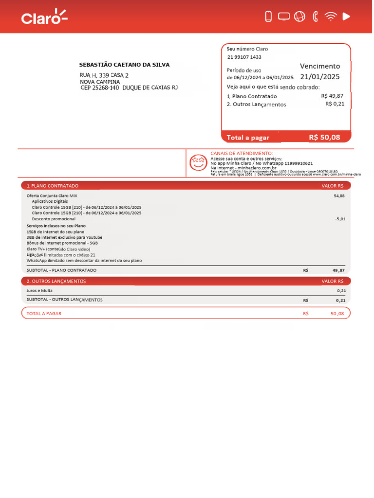 Conta Claro 01 2025 - Sebastião Caetano Da Silva | PDF | Informática | Multimídia