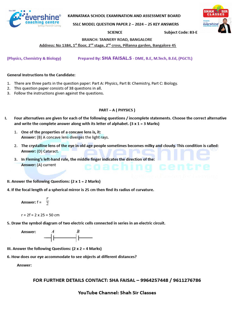 SSLC Kseeb Model Paper Science Paper 2 Key Answers 2024 - 25 | PDF | Placenta | Ozone Depletion