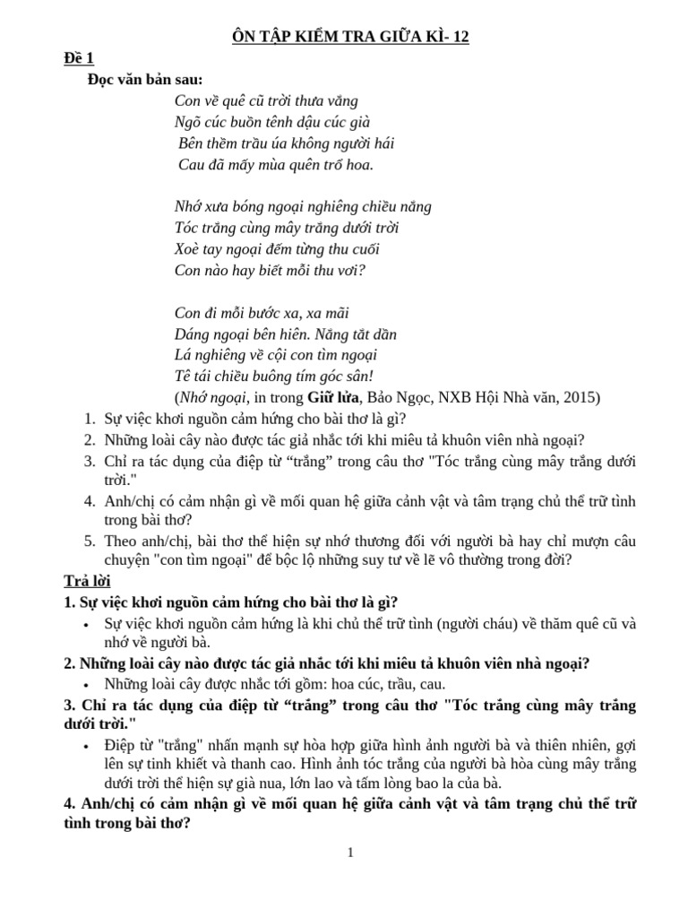 Ôn tập ktra gk môn Ngữ văn 12 | PDF