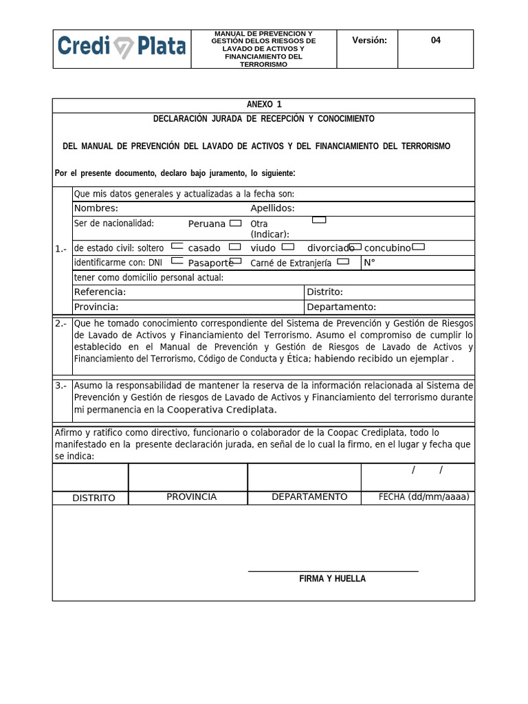 Declaración Jurada de Recepción y Conocimiento del Manual de PLAFT | PDF