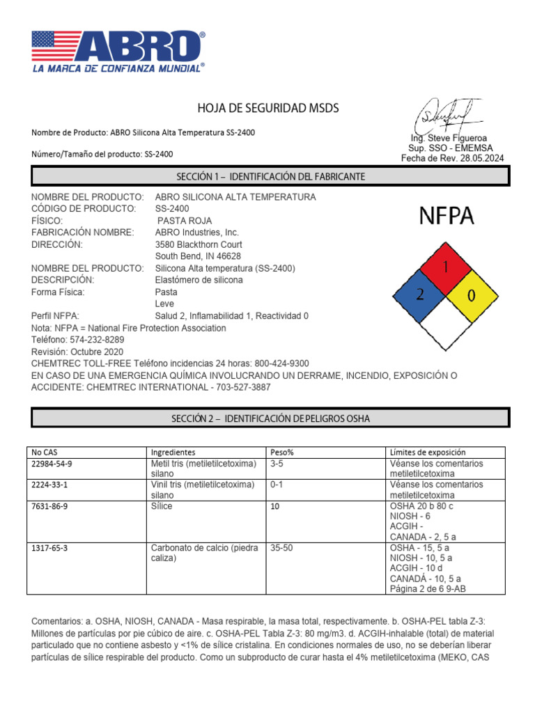 MSDS - SS-2400 - Silicona - Esp Boxer | PDF | Materiales | La seguridad