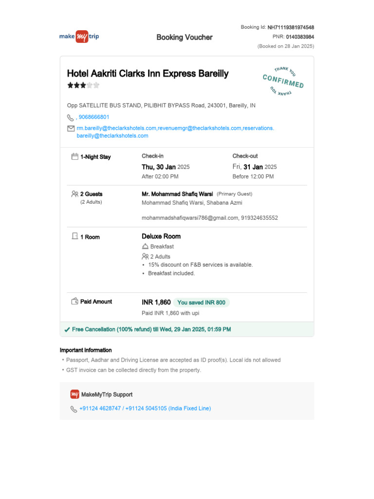Aakriti Clarks Inn Express Booking Details | PDF