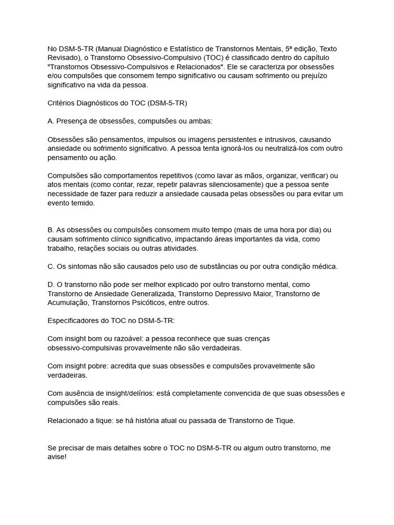 Critérios Diagnósticos do TOC no DSM-5-TR | PDF