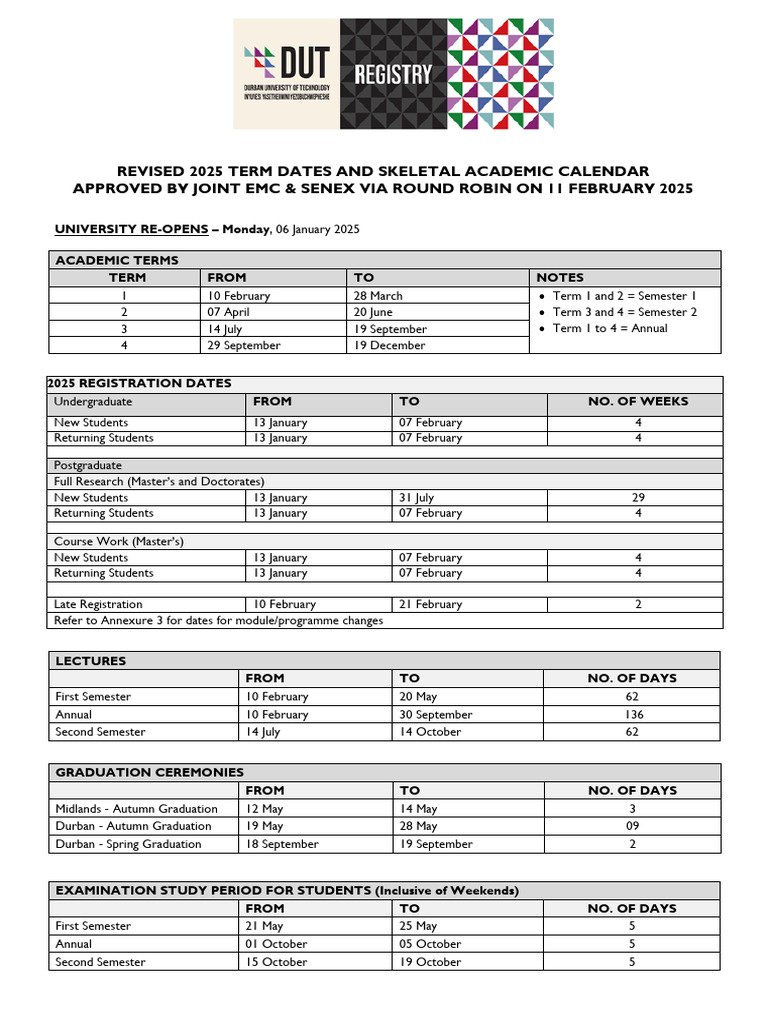 Revised 2025 Skeletal Academic Calendar | PDF | Academic Term | Holidays