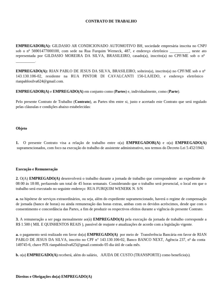 Contrato de Trabalho | PDF | Férias trabalhistas | Salário
