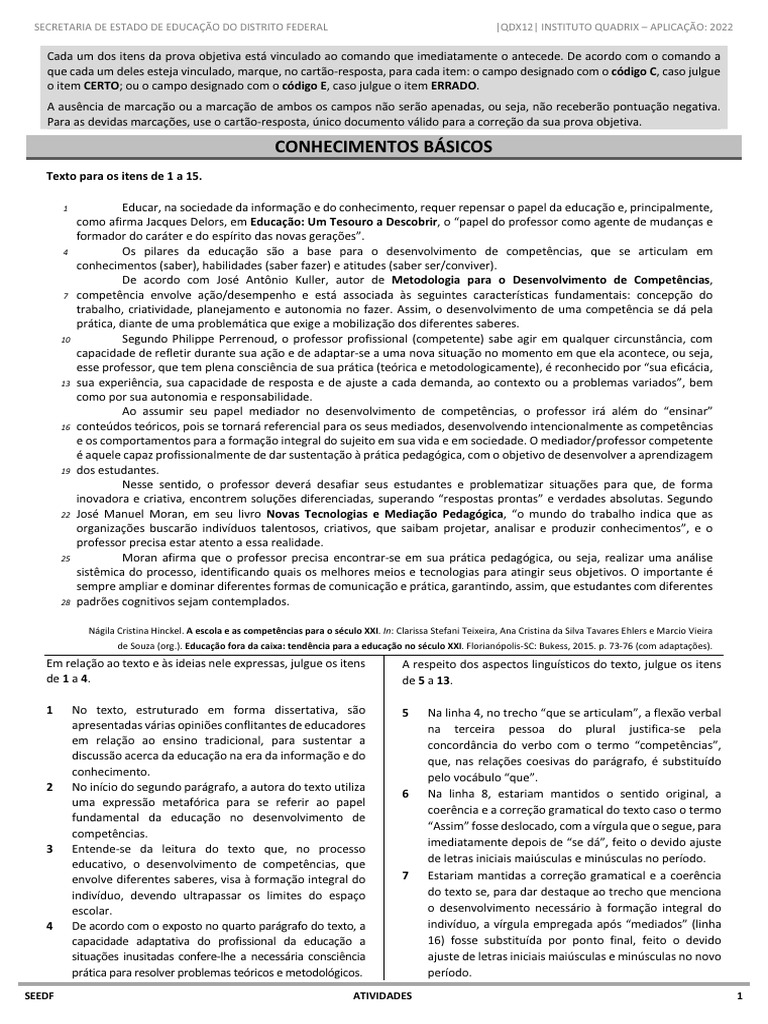 Tipo-A 403-Peb-Atividades Quadrix Cad Prova Seedf CP 2022 | PDF | Pedagogia | Aprendizado