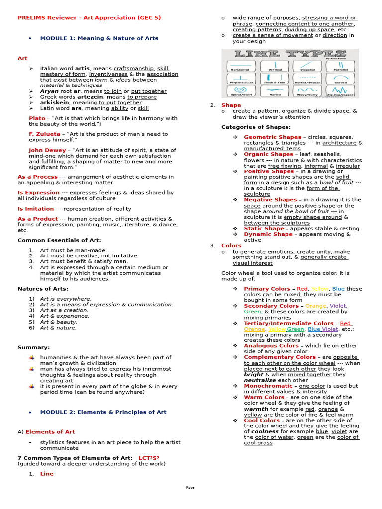 PRELIMS Reviewer - Art Appreciation (GEC 5) | PDF | Composition (Visual ...