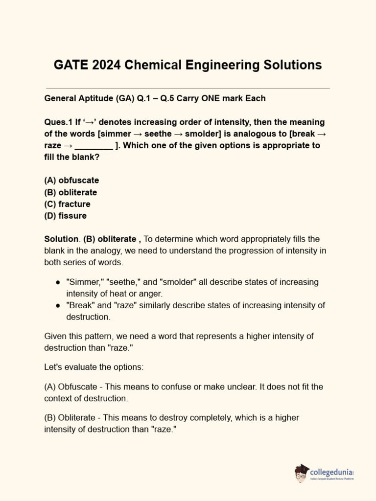 GATE 2024 Chemical Engineering Solutions | PDF | Cracking (Chemistry ...