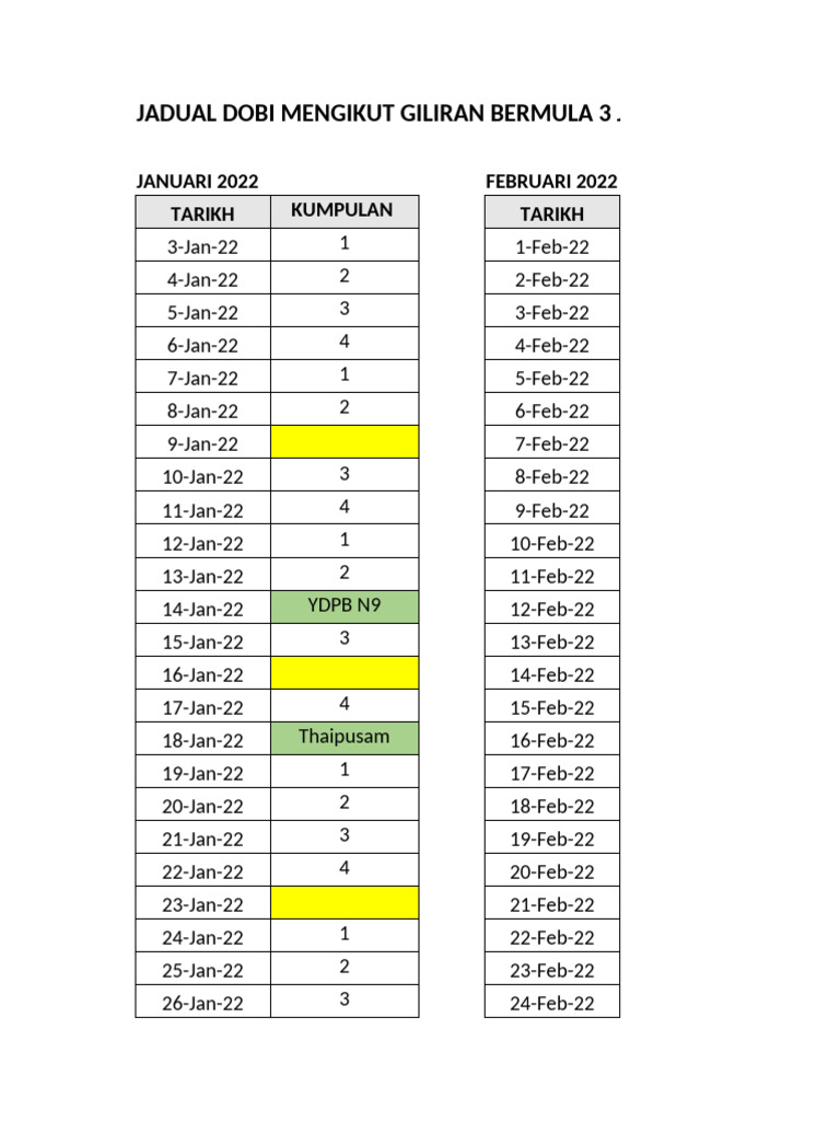 Jadual Dobi Jan 2022 | PDF