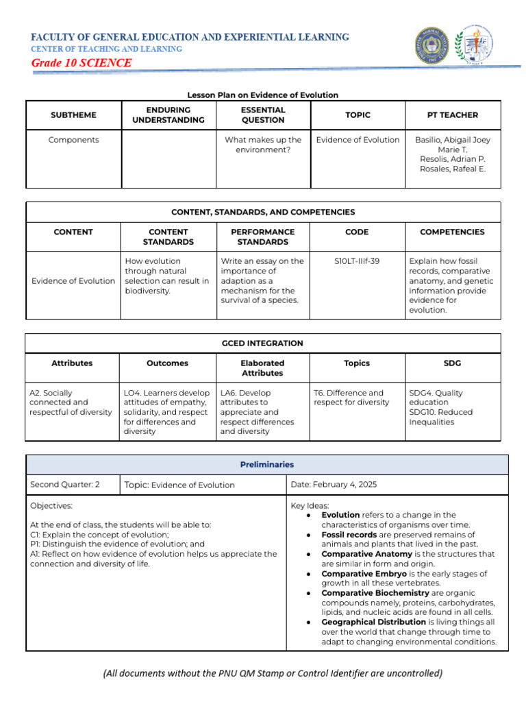 Grade 10 - Evidence of Evolution - Lesson Plan | PDF | Evolution ...
