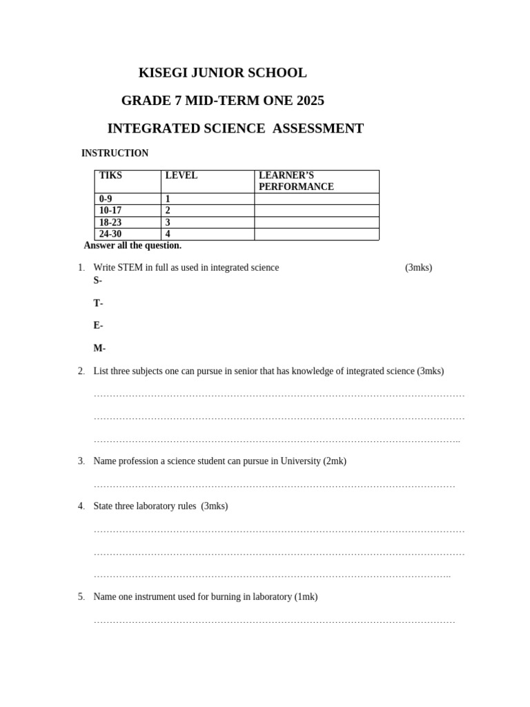 Grade 7 Integrated Science Midterm 2025 | PDF