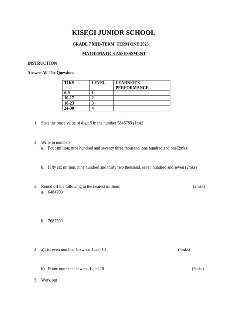 Grade 7 Assessment Mathematics Mid-Term1 2025 | PDF