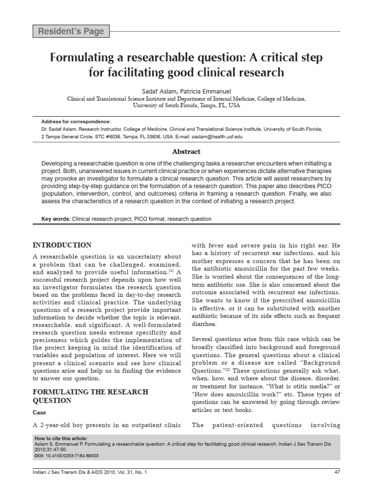 Formulating A Researchable Question A Critical Step For Facilitating ...